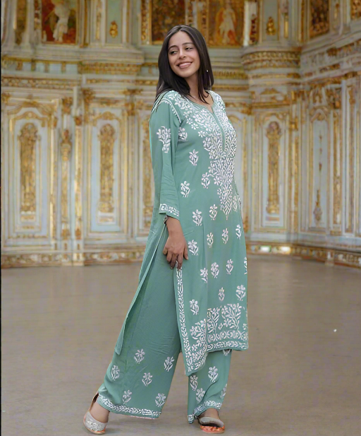 Gulabi Dhaga's Authentic Sea Green Chikankari Kurta Set – Gulabidhaga